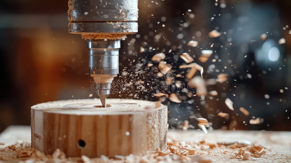 Woodworking Machine Drilling Wood. Wood Chips and Sawdust Flying ...