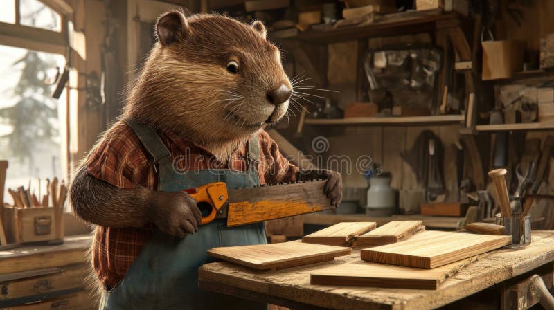 Woodworking Session in a Cozy Workshop with a Beaver Crafting Projects ...