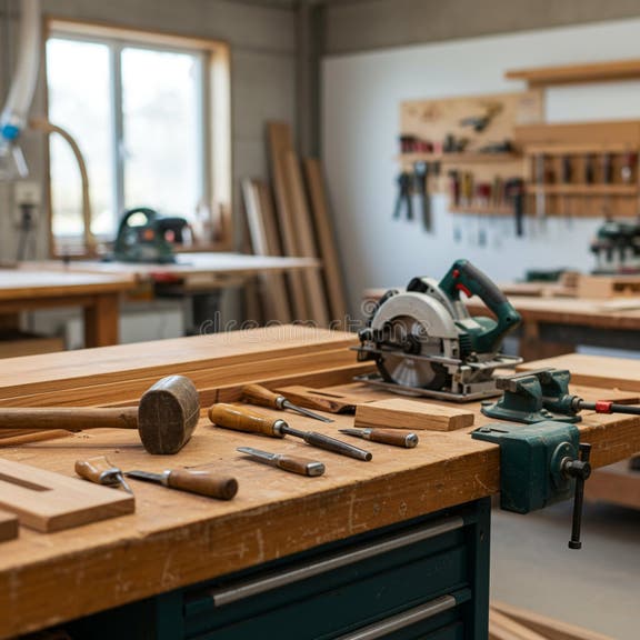 Woodworking Studio with a Large Workbench Featuring Hand Tools and a ...