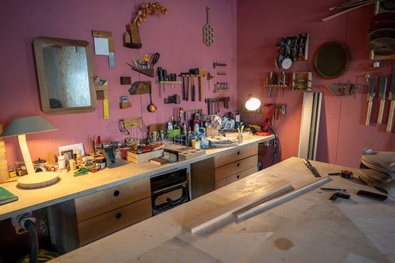 Woodworking Studio with Organized Power Tools and Clean Work Surface at ...