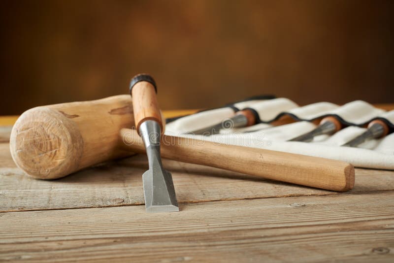 Woodworking Tolls, Chisels and Mallet on Workbench Stock Photo - Image ...