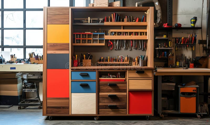Woodworking Tool Storage Cabinet with Colorful Drawers and Organized ...