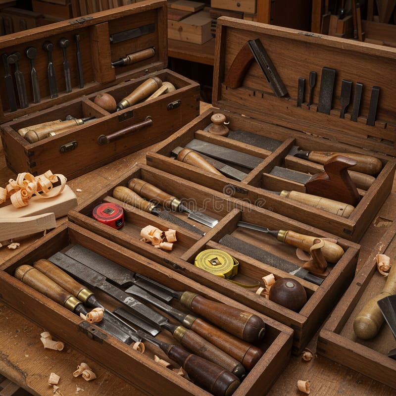 Woodworking Tools Neatly Arranged in Multiple Open Wooden Boxes on a ...