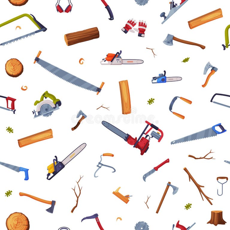 Woodworking Tools with Saw, Ax and Timber Vector Seamless Pattern Stock ...