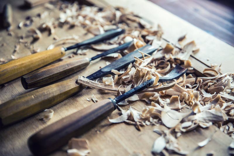 Woodworking Vintage Tools Chisels with Wood Shawings on Retro Workbench ...