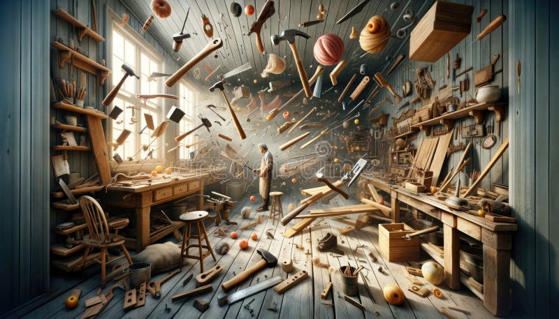 Woodworking Workshop Chaos stock illustration. Illustration of stool ...