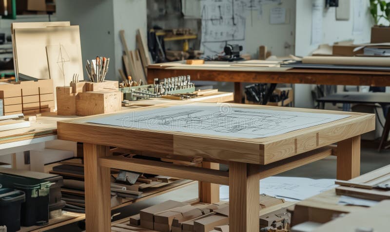 Woodworking Workshop with Drafting Table, Tools, Materials, and Plans ...