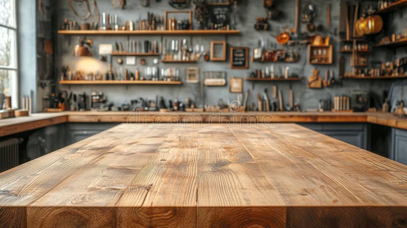 Woodworking Workshop with Empty Wooden Table in a Well-organized Craft ...