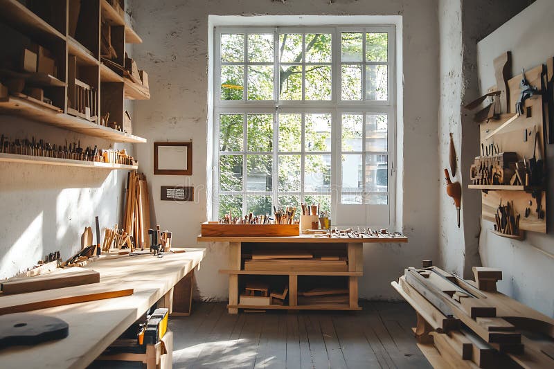 Woodworking Workshop Interior with Natural Light Stock Illustration ...