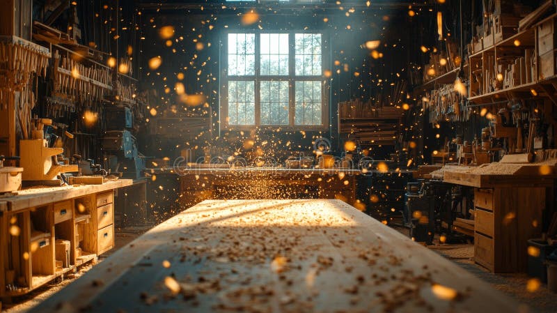 Woodworking Workshop with Large Window Showcasing Nature on a Sunny Day ...