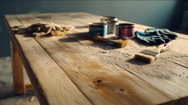 Woodworking Workshop Scene with Paintbrushes and Tools on Rustic Table ...