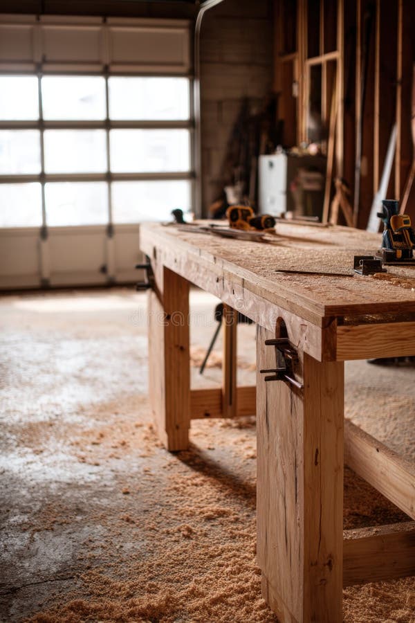 Woodworking Workshop with Tools and Sawdust in Sunlit Garage Setting ...