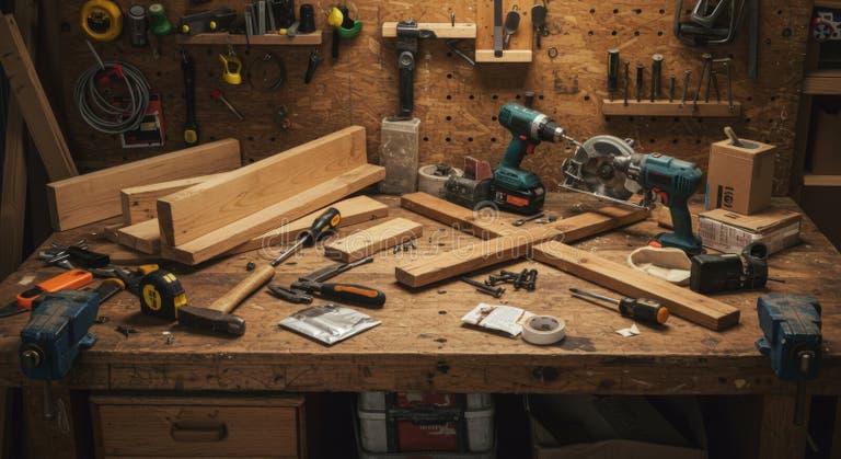Woodworking Workshop: Tools and Wood Pieces on a Workbench Stock Illustration - Illustration of ...