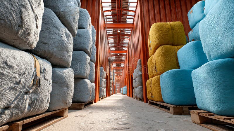 Wool Bales in Various Colors Neatly Stacked Inside a Spacious Textile ...