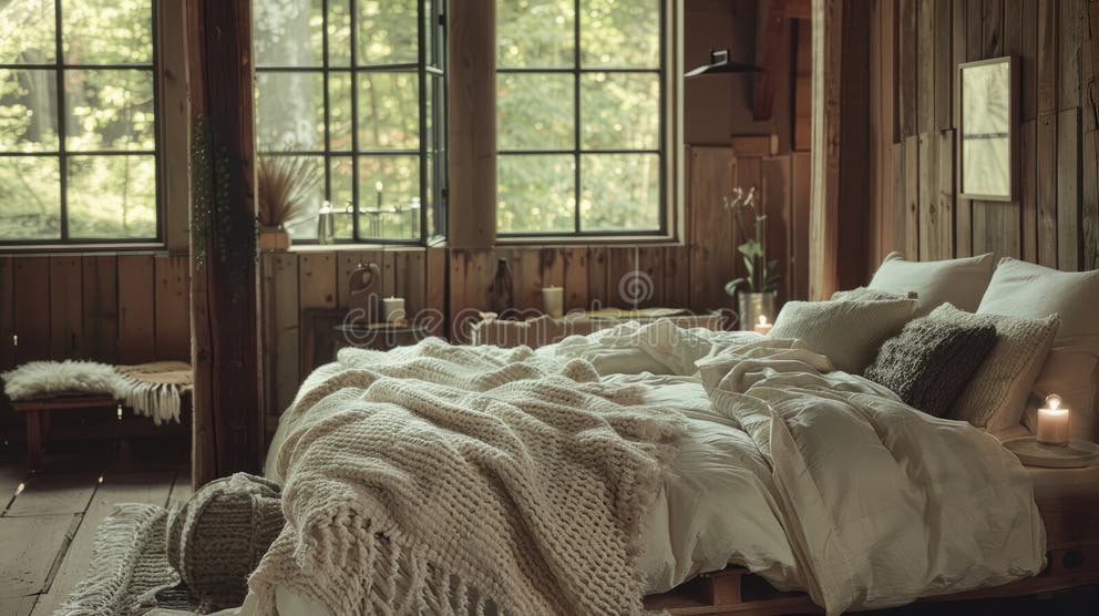 Wool Bedding in Rustic Modern Bedroom Stock Illustration - Illustration ...