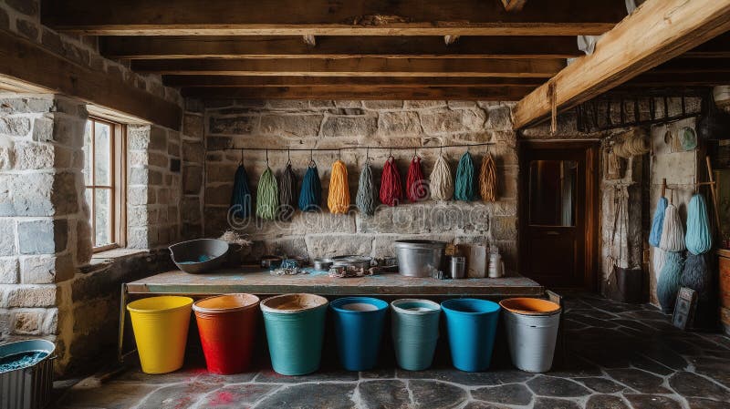 Wool-dyeing Station with Vibrant Pots of Color, Strands of Wool Soaking ...