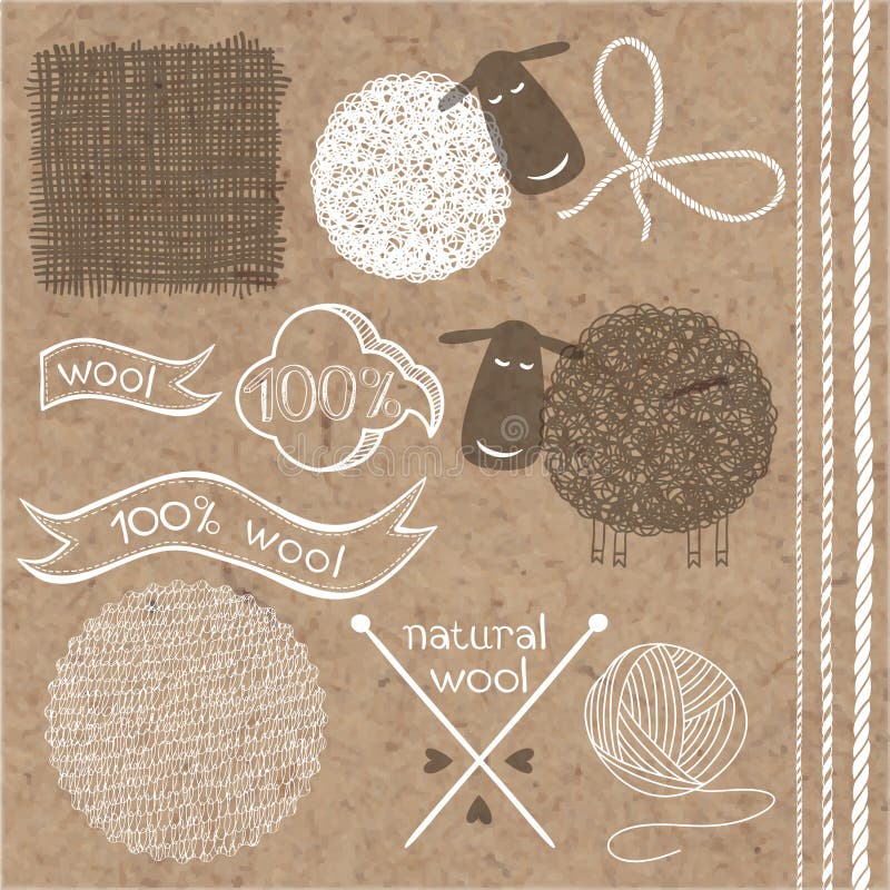 Wool Set. Wool Labels, Stickers and Elements Isolated on Kraft Stock ...