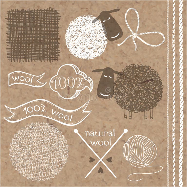 Wool Set. Wool Labels, Stickers and Elements Isolated on Kraft Stock ...