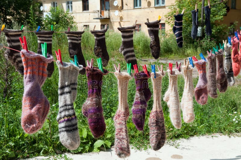 Wool Socks Hanging on the Clothesline Stock Photo - Image of material ...