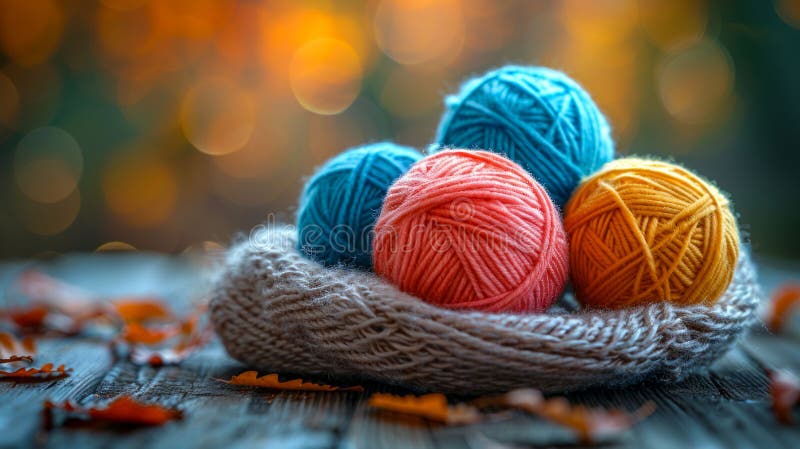 Wool Yarn Balls on Wooden Table. Generative Ai Stock Illustration ...