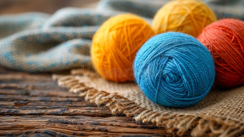 Wool Yarn Balls on Wooden Table. Generative Ai Stock Illustration ...