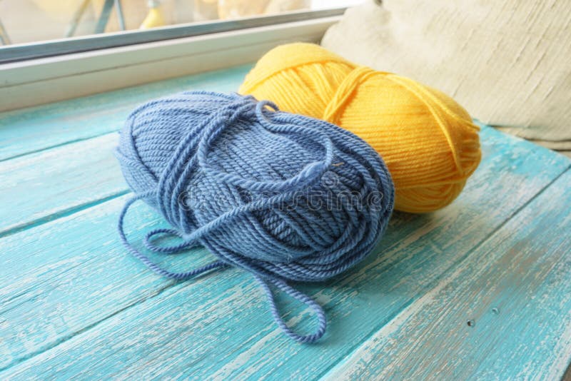 Wool Yarns for Knitting. Close-up Blue and Yellow Color. Stock ...