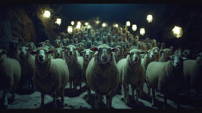 A Woolly Gathering: Illuminated Sheep Flock in Dramatic Setting Stock ...