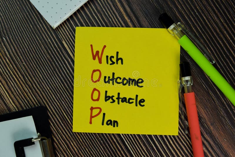 WOOP - Wish Outcome Obstacle Plan Write on Sticky Notes Isolated on ...