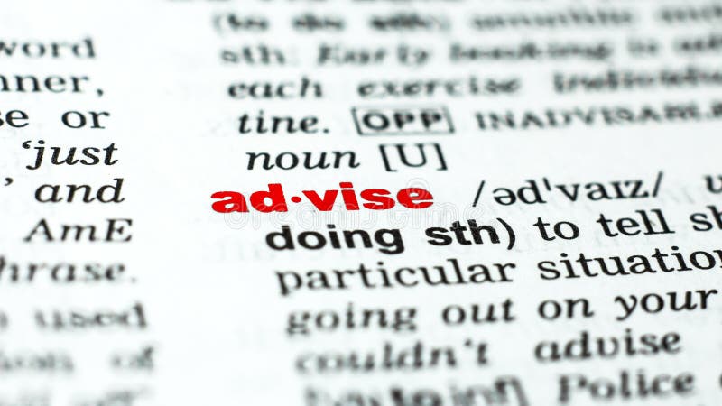 Word advise in dictionary stock photo. Image of meaning - 67278688