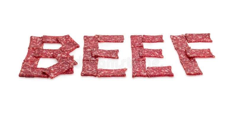 Word BEEF Laid Out with Sausage Slices in Perspective Stock Photo ...