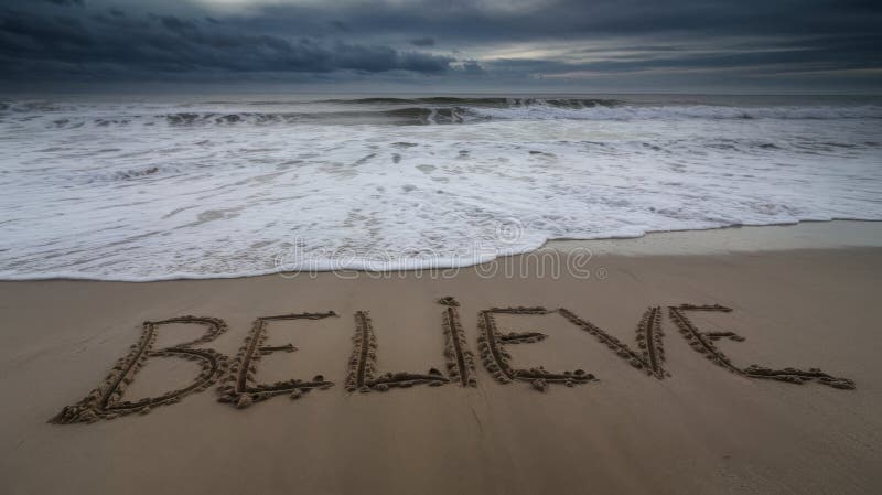 The Word "Believe" Written in the Sand on a Beach, with Gentle Waves in ...