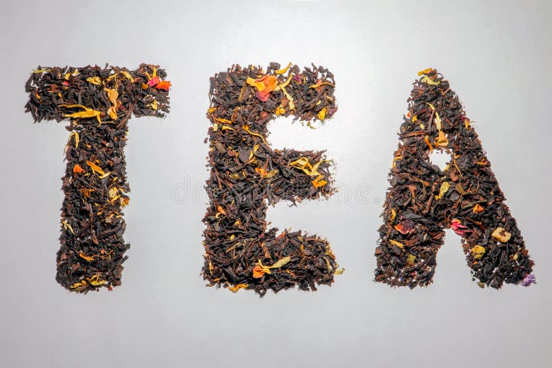 Word Black Tea Tea with Fruit Pieces and Flower Petals Isolate Stock ...