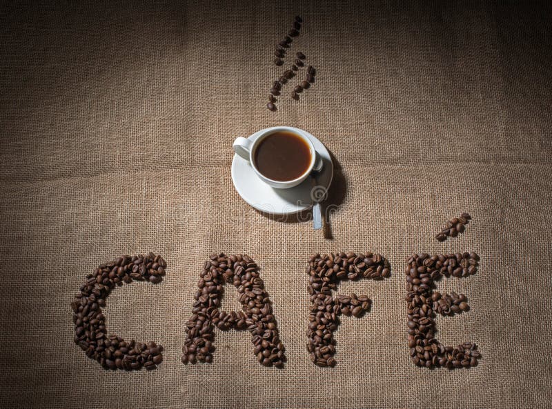 Word Cafe of Coffee Beans and Cup of Black Coffee Stock Image - Image ...