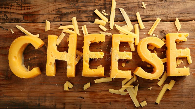Word "Cheese" and Grated Cheese on a Wooden Backdrop, Top View Stock ...