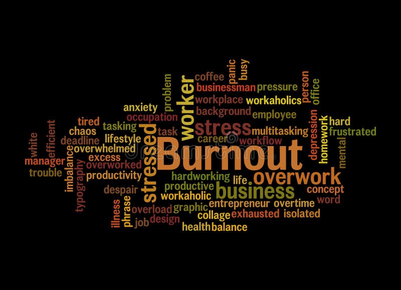 Word Cloud with BURNOUT Concept, Isolated on a Black Background Stock ...