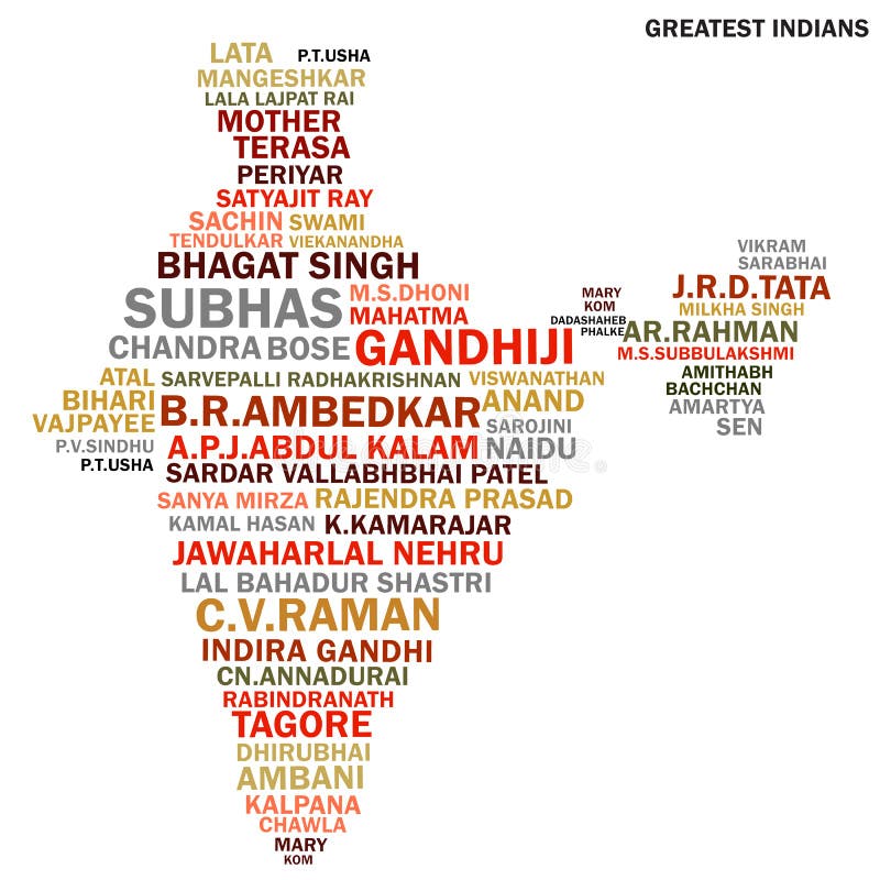 Word Cloud Of Greatest Indian Name In India Map Stock Vector