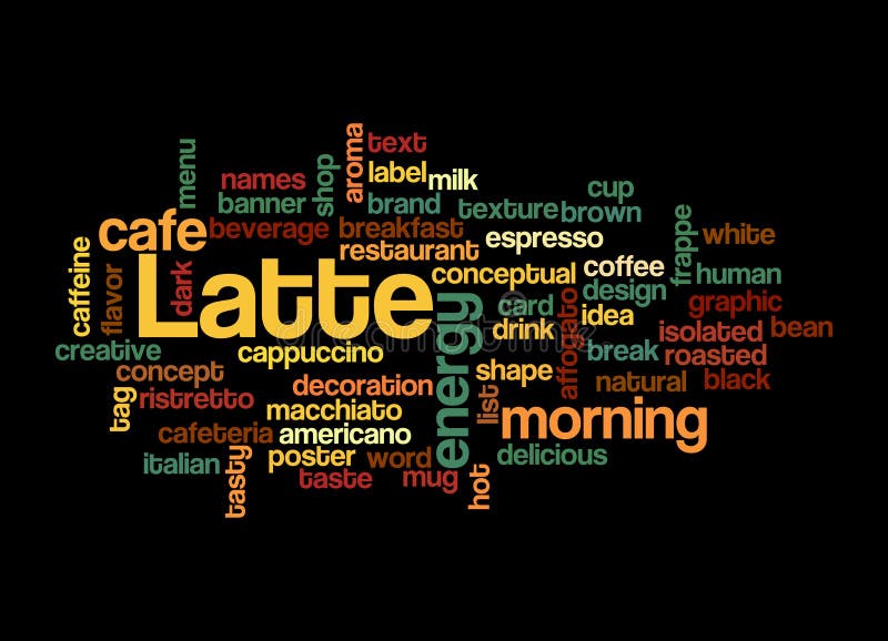 Word Cloud with LATTE Concept, Isolated on a Black Background Stock ...