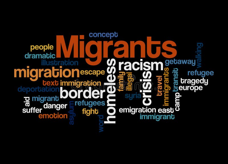 Word Cloud with MIGRANTS Concept, Isolated on a Black Background Stock ...