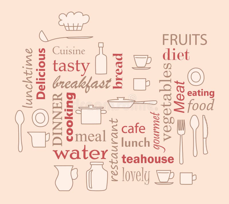 Word Collage for Kitchen and Cooking with Kitchenware Items Stock ...