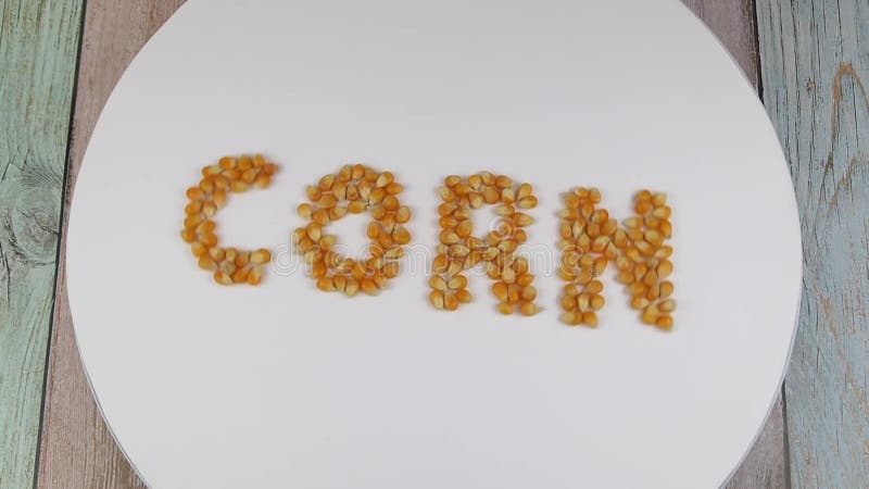 The Word Corn is Written with Grains of Corn Rotating on a White ...
