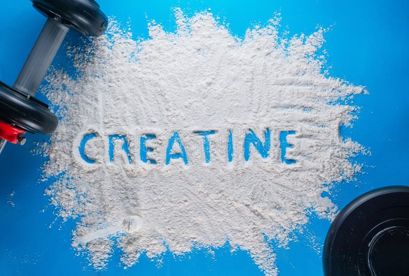 Word Creatine Written on a White Scattered Powder on a Blue Background ...