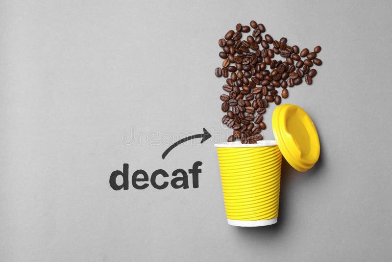 Word Decaf and Arrow Pointing at Takeaway Paper Cup with Coffee Beans ...