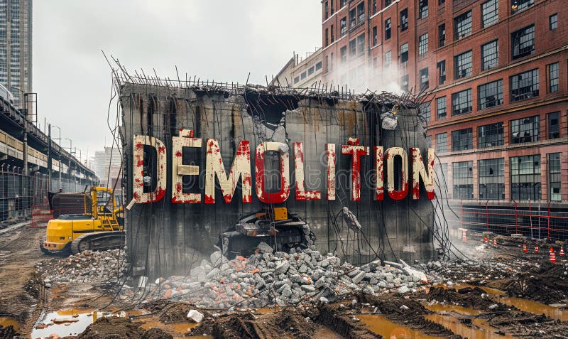 The Word DEMOLITION Stands Bold and Shattered Amidst a Construction ...