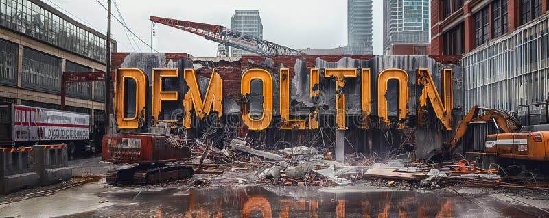The Word DEMOLITION Stands Bold and Shattered Amidst a Construction ...