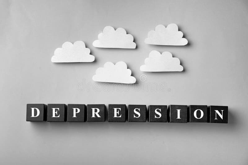Word Depression Made of Black Wooden Cubes and Decorative Clouds on ...