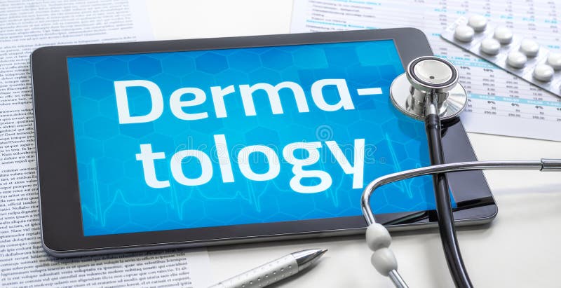 The Word Dermatology on a Blue Background. Concept Section of Medicine ...