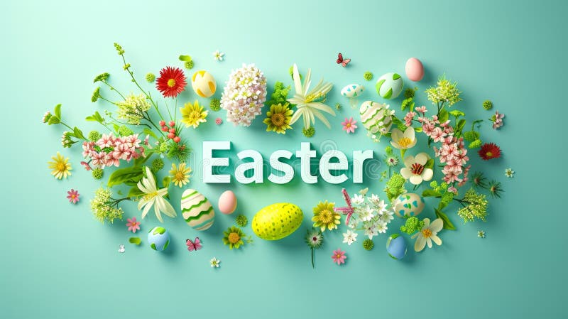 The Word Easter Surrounded by Eggs and Flowers Stock Illustration ...