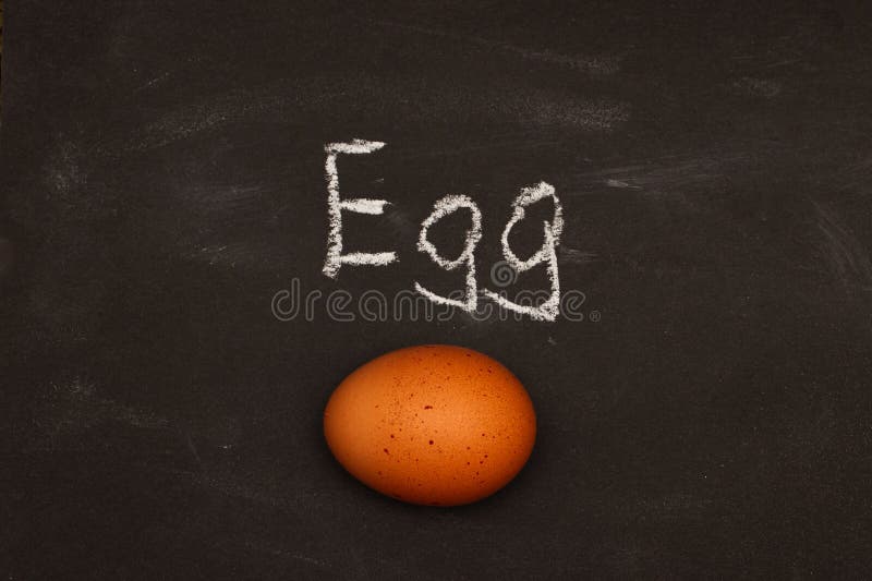 The Word Egg is Written in Chalk on a Dark Board with a Chicken Egg ...