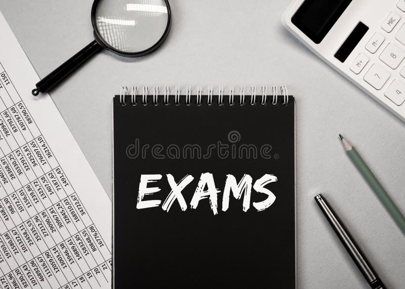 Word EXAM on Black Notebook among Financial Documents, Top View Stock ...