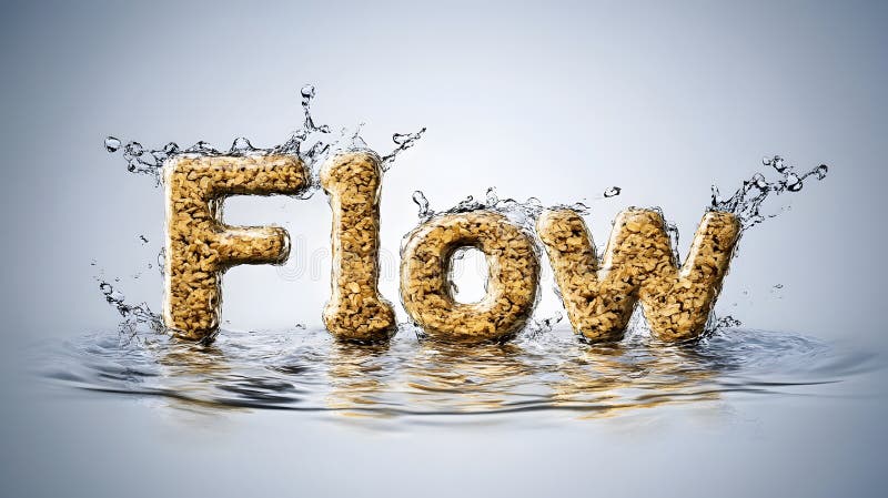 The Word FLOW Emerges from Water, Crafted from Golden Textured Elements ...